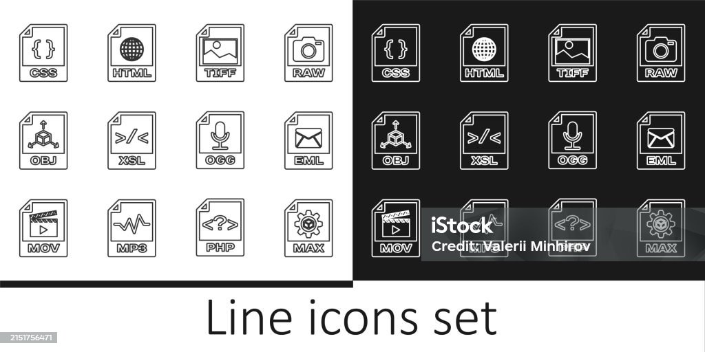 Set Line Max File Document Eml Tiff Xsl Obj Css Ogg And Html Icon Vector Stock Illustration