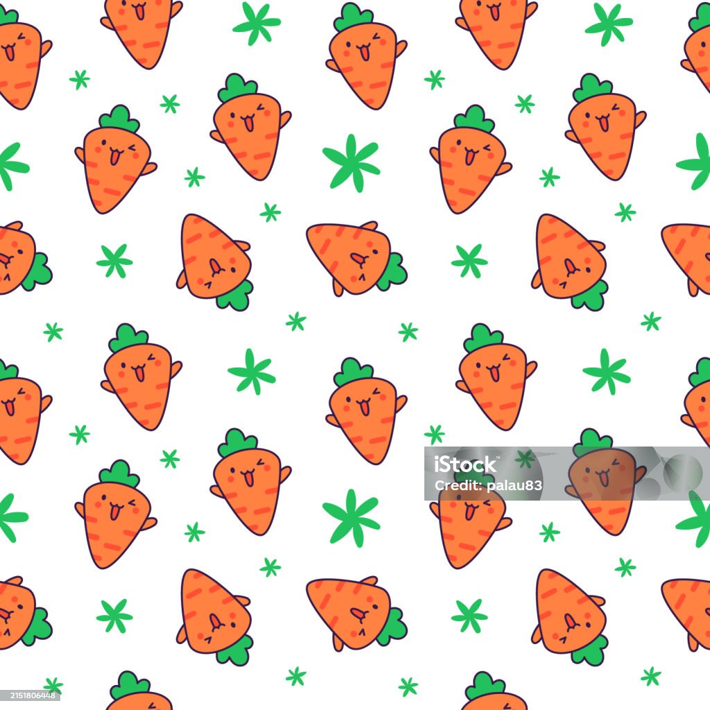 Kawaii Carrot With Funny Faces Seamless Pattern Cute Cartoon Happy Food