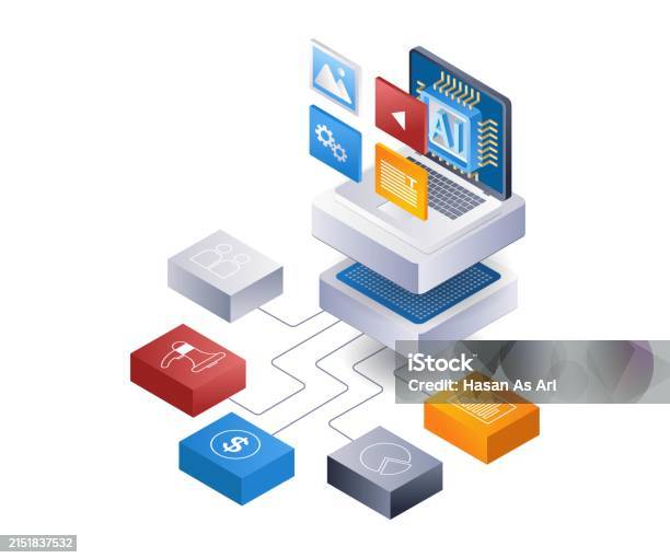 Startup Jaringan Kecerdasan Buatan Meluncurkan Ilustrasi 3d Isometrik