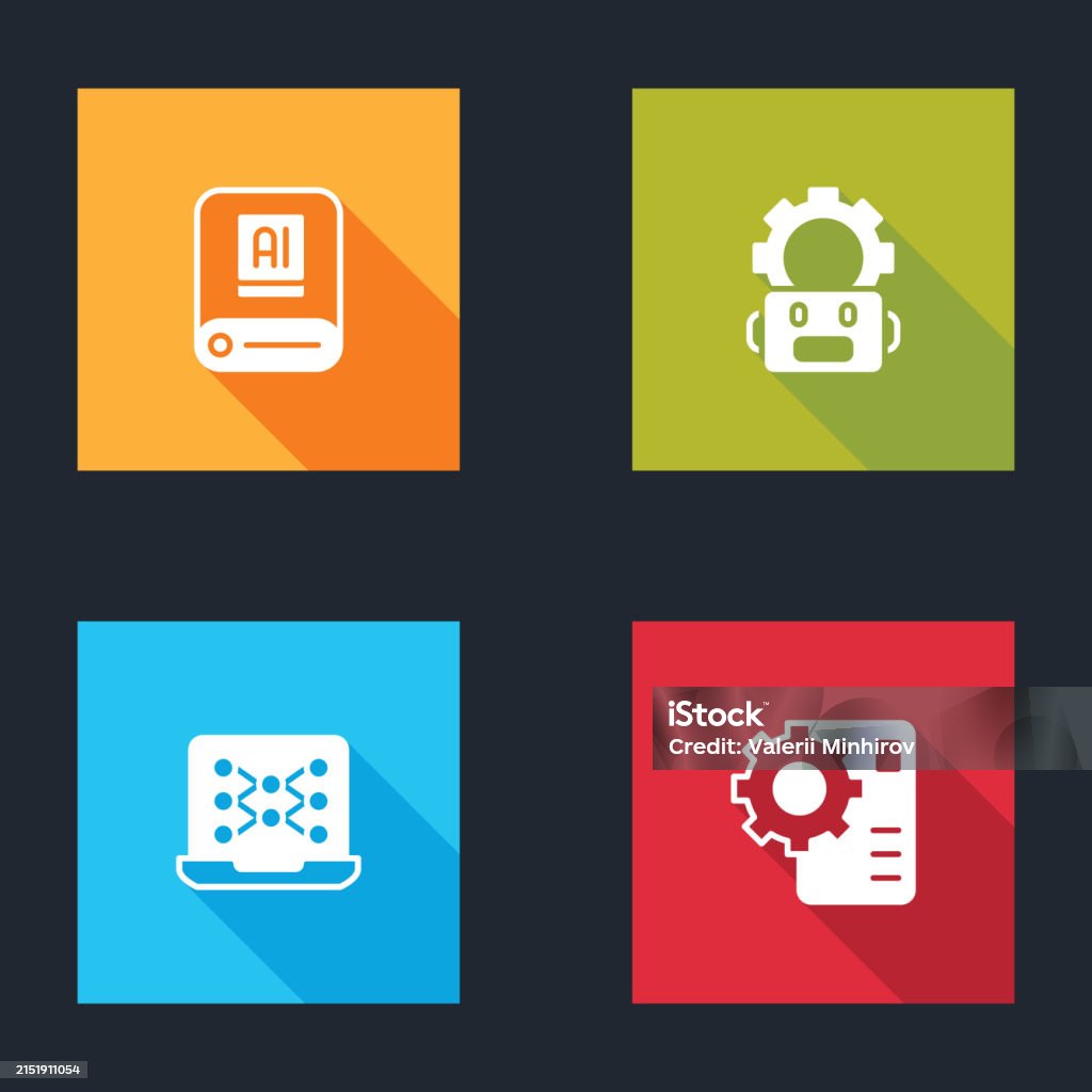 Set Artificial Intelligence Ai Robot Setting Neural Network And Icon Vector Stock Illustration