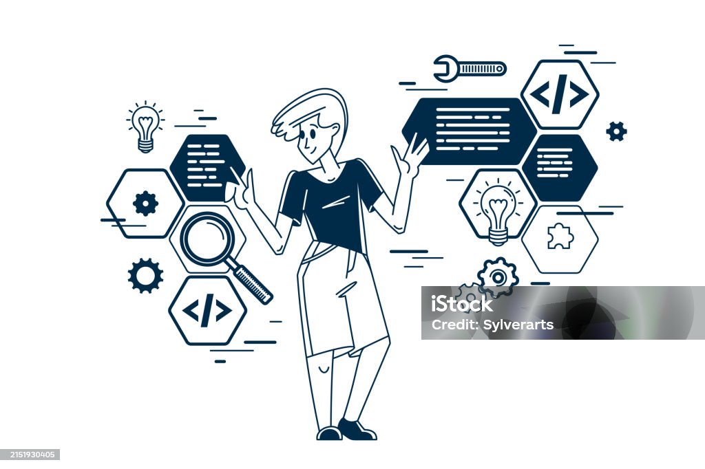 Programmer Is Coding And Repairing Some Machine System Vector Outline