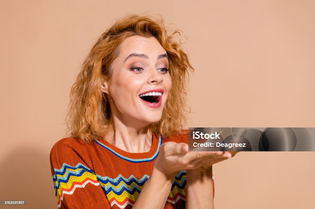 Photo Of Impressed Woman With Wavy Hairdo Dressed Tshirt Look At