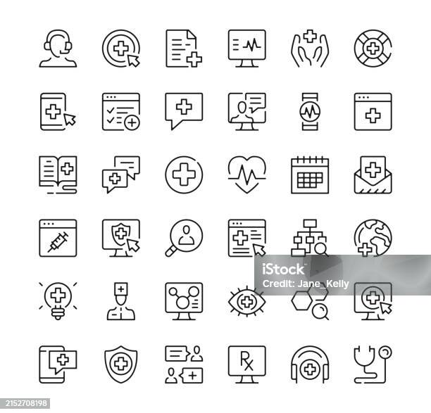 Digital Health Icons Set Vector Line Icons Black Outline Stroke Symbols
