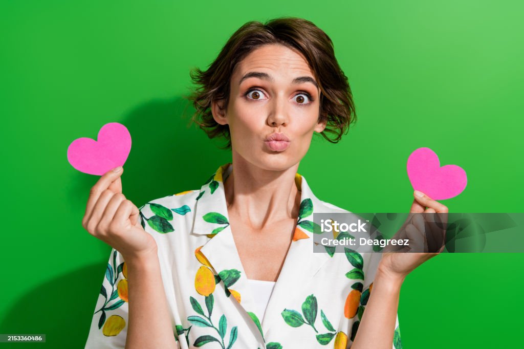 Photo Of Shiny Flirty Lady Wear Print Shirt Rising Two Pink Hearts