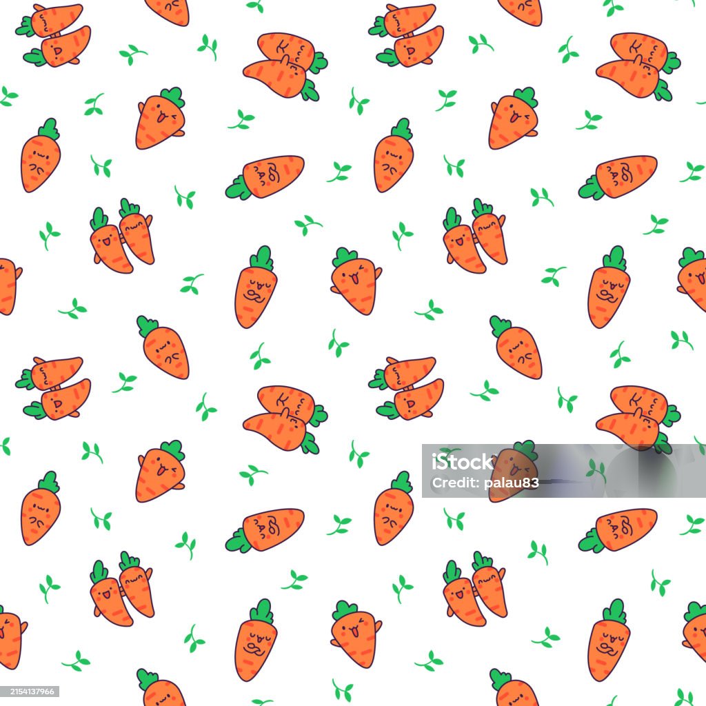 Kawaii Carrot With Funny Faces Seamless Pattern Cute Cartoon Happy Food