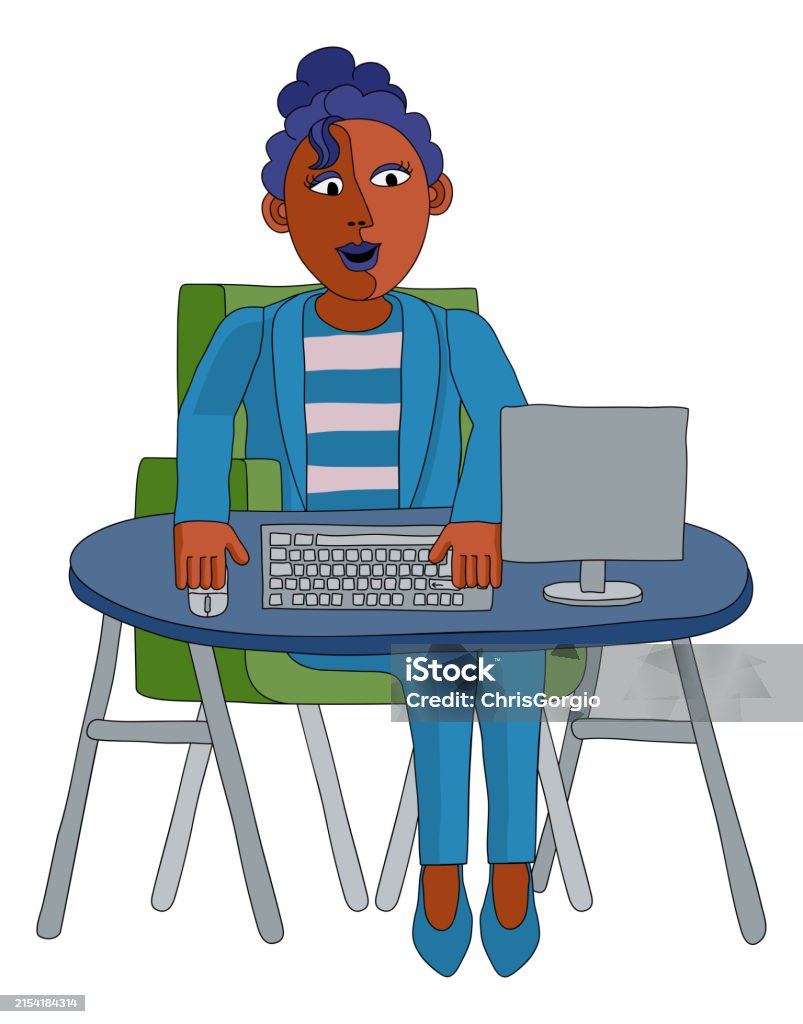 Woman Working Behind Desk Computer Workstation Stock Illustration