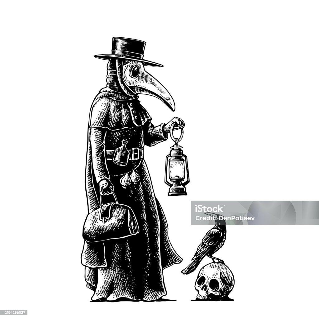 Plague Doctor With Bird Mask Crow Sitting On Skull Engraving Stock Illustration Download Image