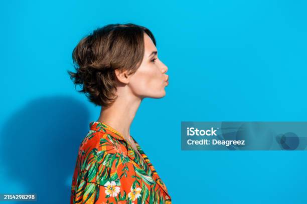 Profile Photo Of Adorable Sweet Lady Pouted Lips Kiss Look Empty Space