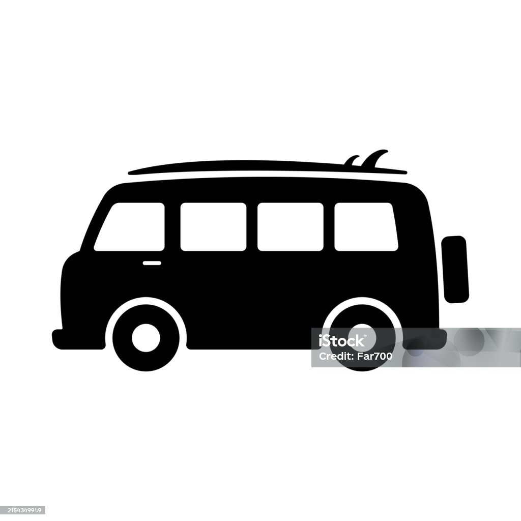 Minibus With Surfboard Icon Minivan Black Silhouette Side View Vector