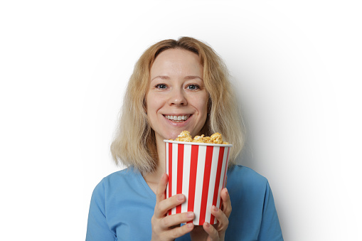 Woman Eating Popcorn Isolated On White Watching Movie At Home Enjoying