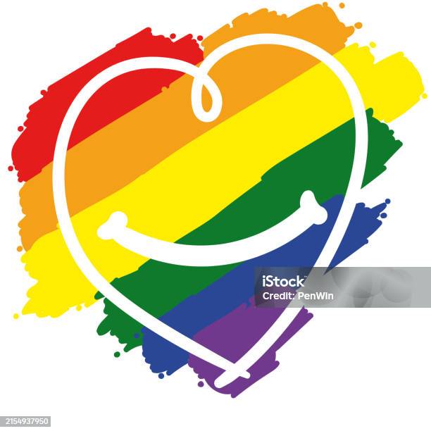 Rainbow Flag In Brush Strokes With Smiling Heart In Outlines Stock