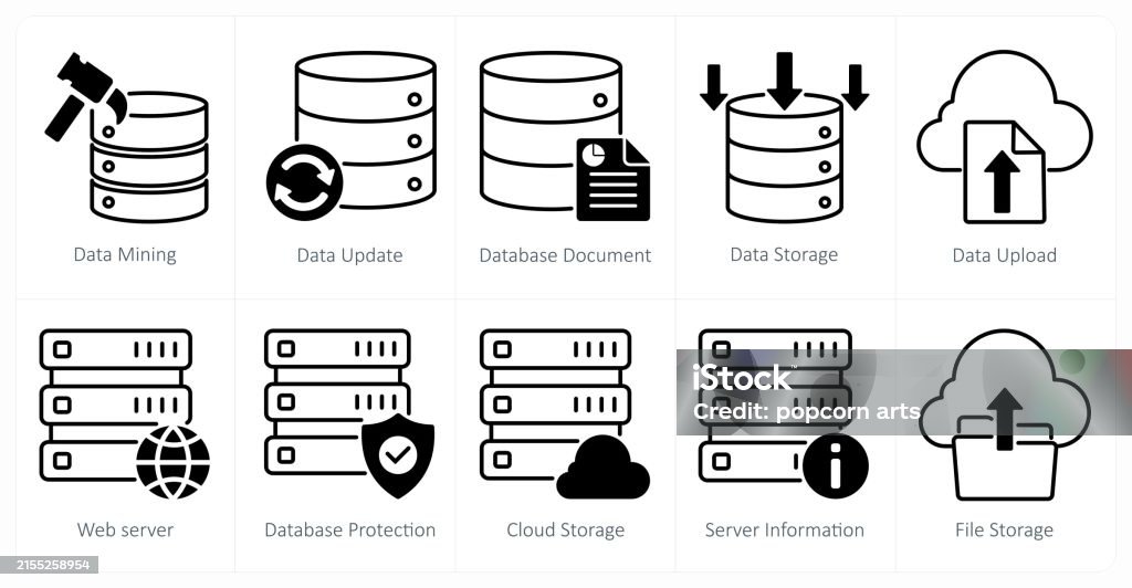 A Set Of 10 Seo Icons As Data Mining Data Update Database Document Stock Illustration Download