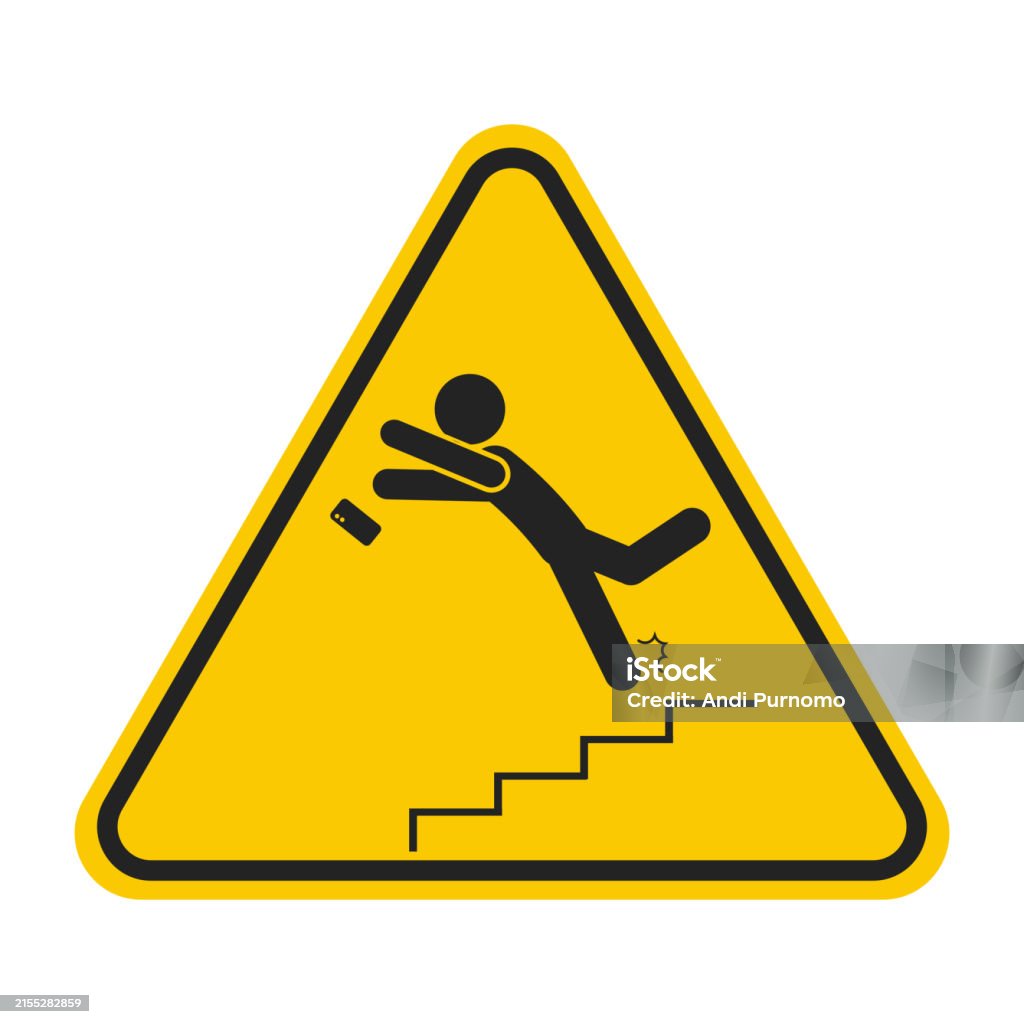 Yellow Triangle Sign Do Not Use Mobile Phone On Stairs Man Falling On