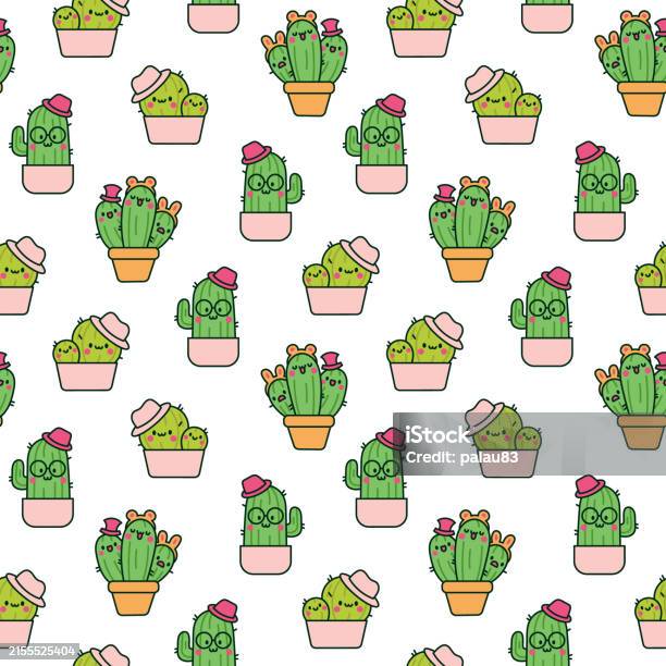 Cute Kawaii Cactus Seamless Pattern Funny Succulent Plant With Happy