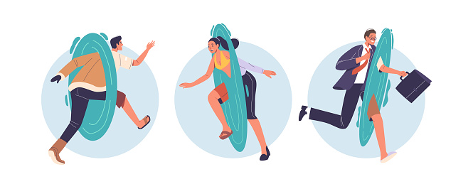 People Teleporting Through Portals Vector Image Shows Characters In Motion Including A Casual