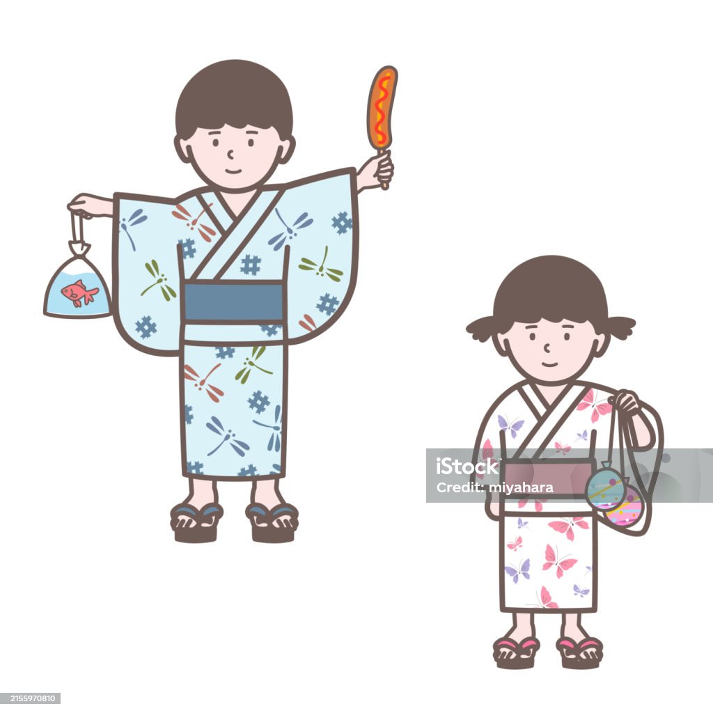 浴衣を着て夏祭りを楽しむ子どものイラスト ゆかたのベクターアート素材や画像を多数ご用意 ゆかた イラストレーション スクエア