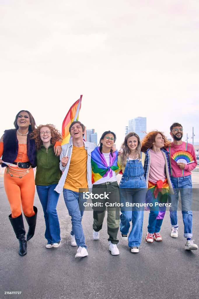 Young Lgbt Community Joyful Diverse Friends Strolling Hugging Together