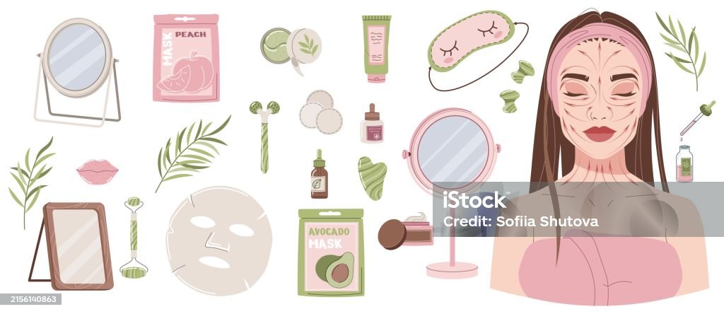 Scheme Of Gua Sha Massage On Beautiful Girl And Beauty Items On