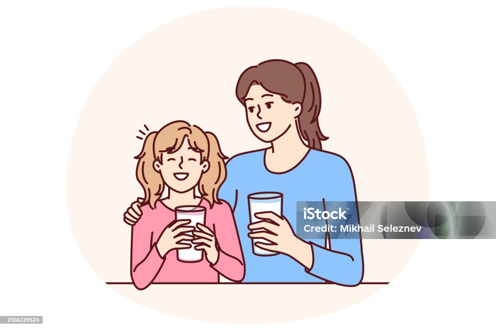 Mom And Daughter Drink Natural Milk To Get Useful Vitamins And Lactose