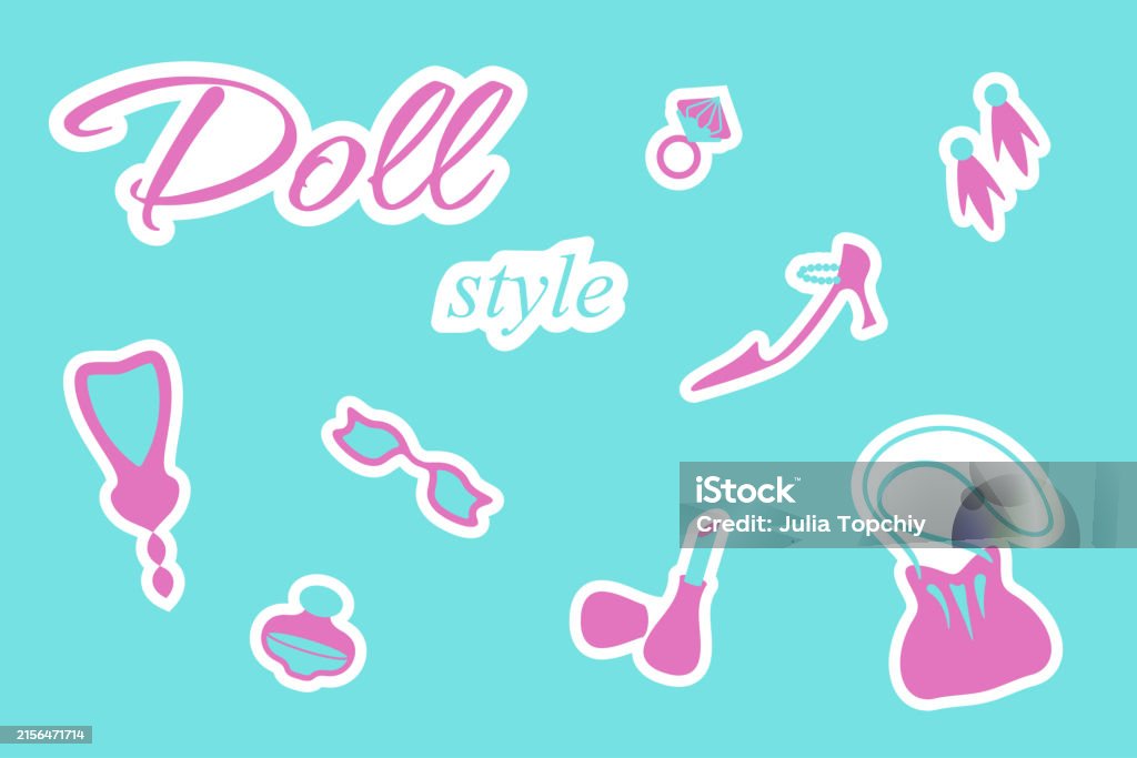 Doll Set Of Pink Things For Girl Princess Cute Icons Collection Shoes Perfumes Bag Ring Mirror