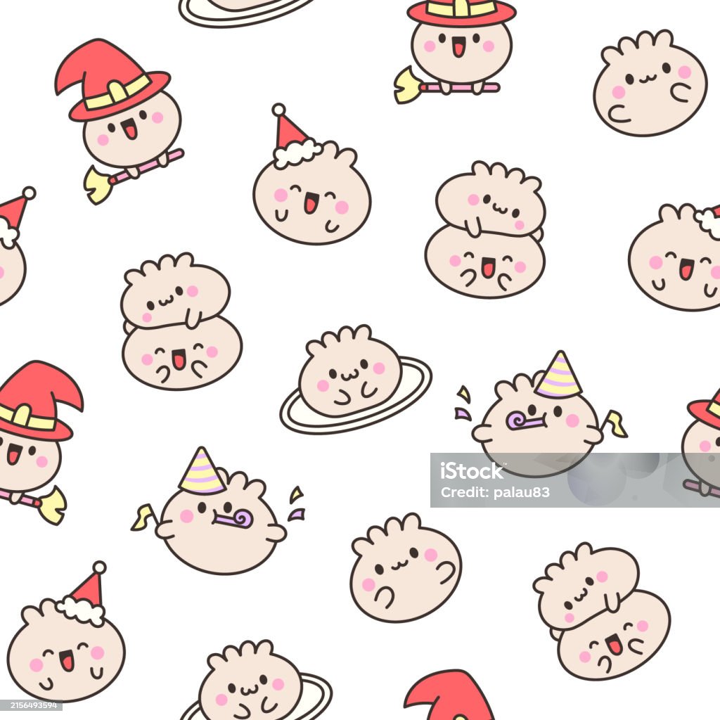 Cute Kawaii Smiling Dim Sum Seamless Pattern Happy Cartoon Dumpling