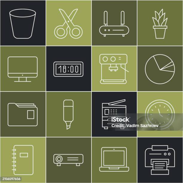 Set Garis Printer Jam Infografis Diagram Lingkaran Router Dan Sinyal