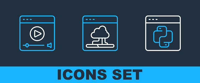 Set Line Python Programming Language Online Play Video And Cloud Technology Data Transfer Icon