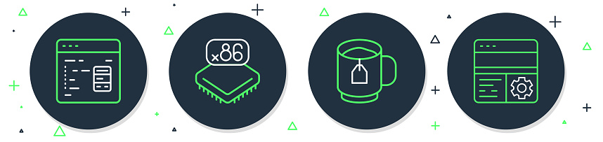 Set Line Processor With Microcircuits Cpu Cup Of Tea Tea Bag Software And Debugging Icon Vector