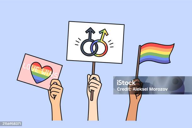Poster Dan Bendera Lgbt Di Tangan Orangorang Dengan Gambar Simbol