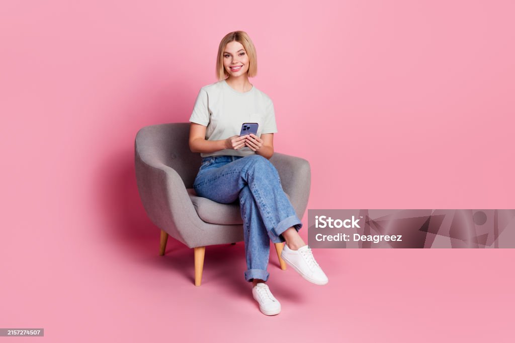Photo Of Lovely Adorable Girl Wear Trendy Clothes Sitting Soft Chair