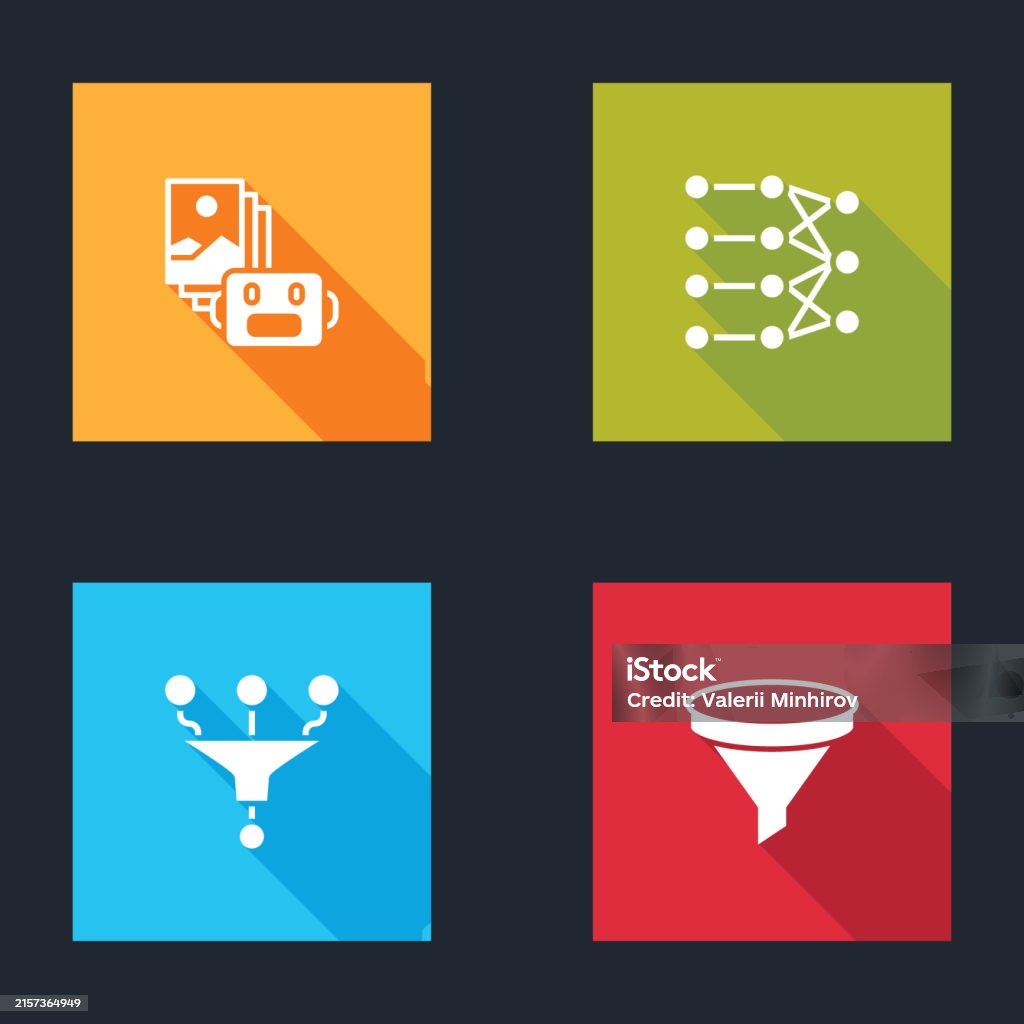 Set Artificial Intelligence Robot Neural Network Funnel Filter And Icon Vector Stock
