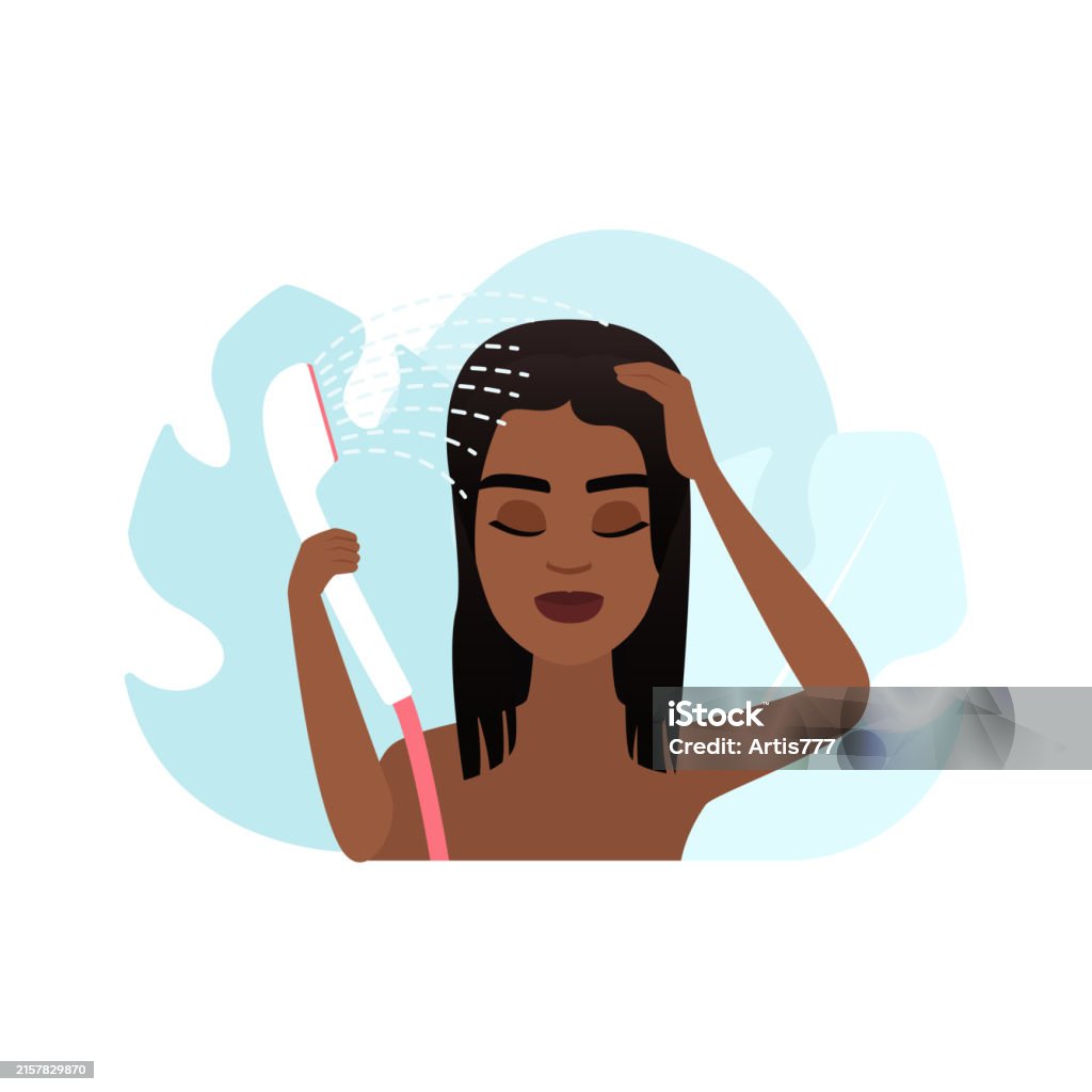 Girl Holding Shower Head Cleansing Hair And Scalp With Clean Water