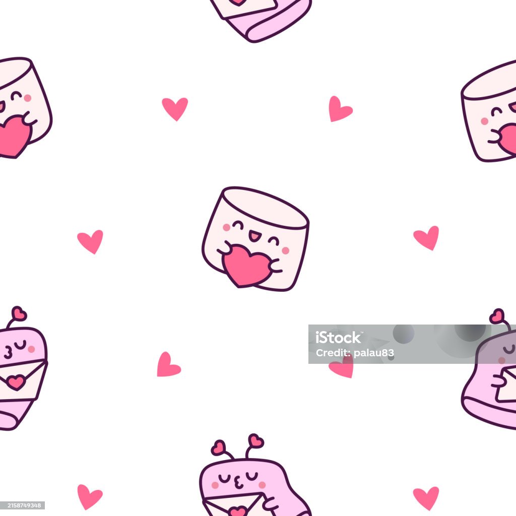 Kawaii Marshmallow Cute Face Character Seamless Pattern Cartoon Happy