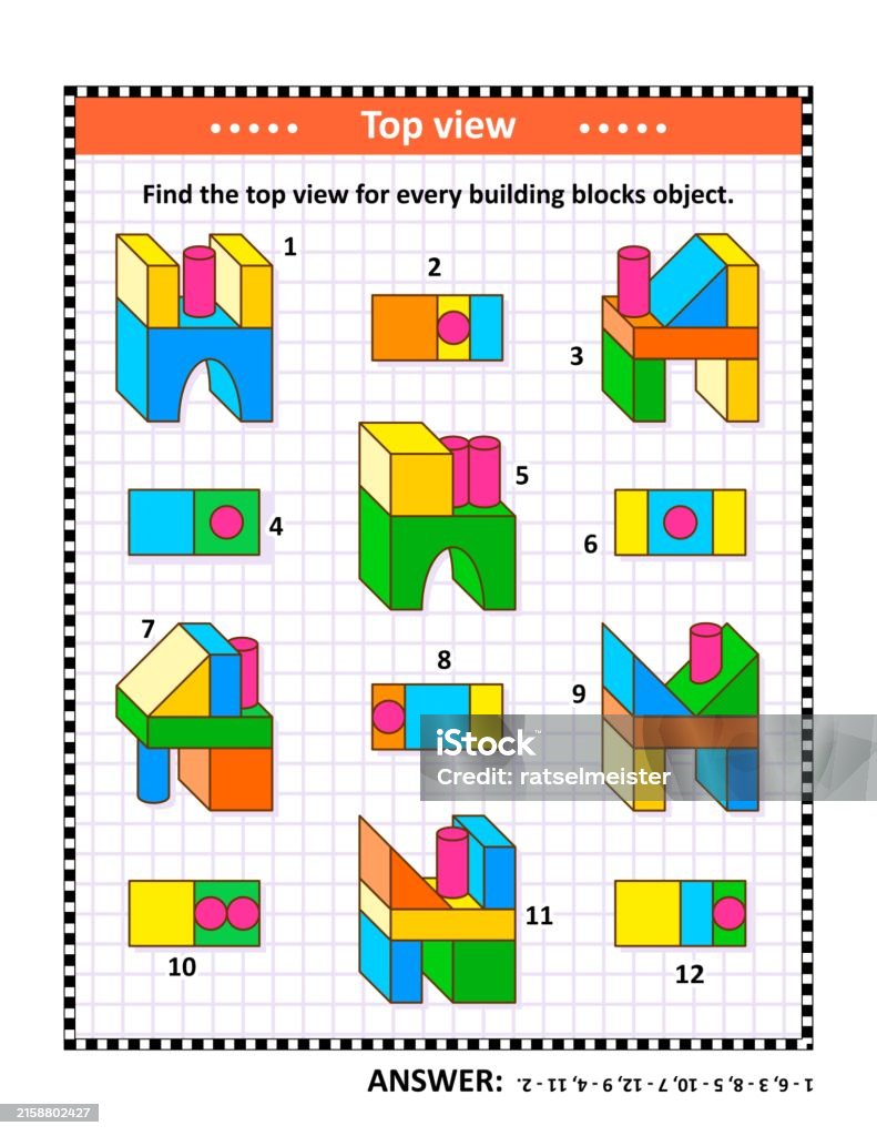 Educational Math Puzzle Find The Top View For Every Building Blocks Object Answer Included Stock