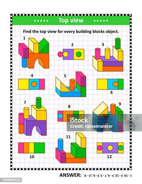 Educational Math Puzzle Find The Top View For Every Building Blocks Object Answer Included Stock