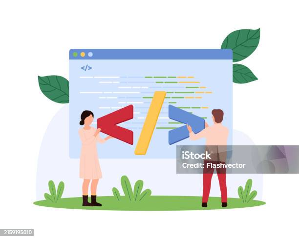 Program And Software Code Development Tiny People Coding Coders Work With Script Stock