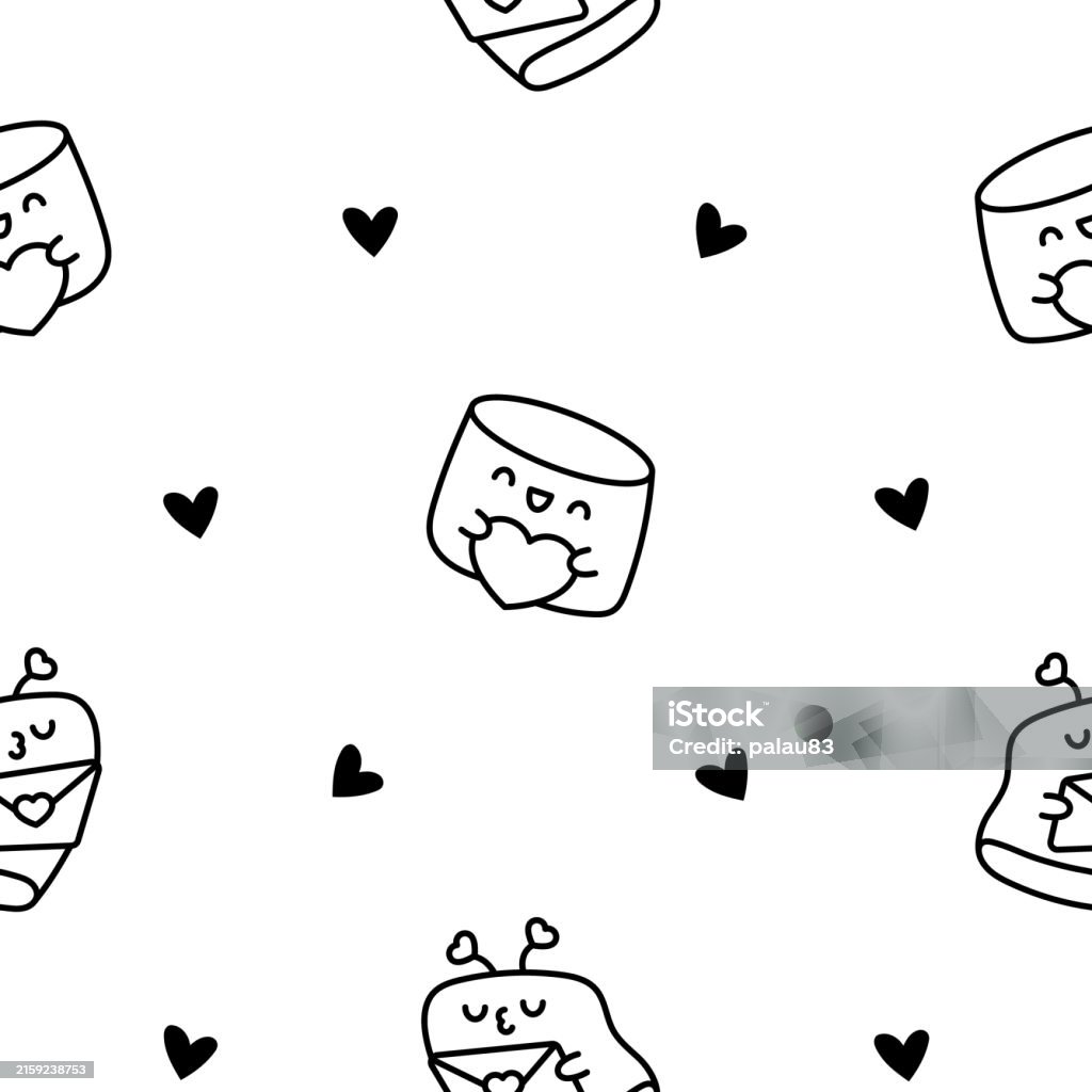 Kawaii Marshmallow Cute Face Character Seamless Pattern Coloring Page