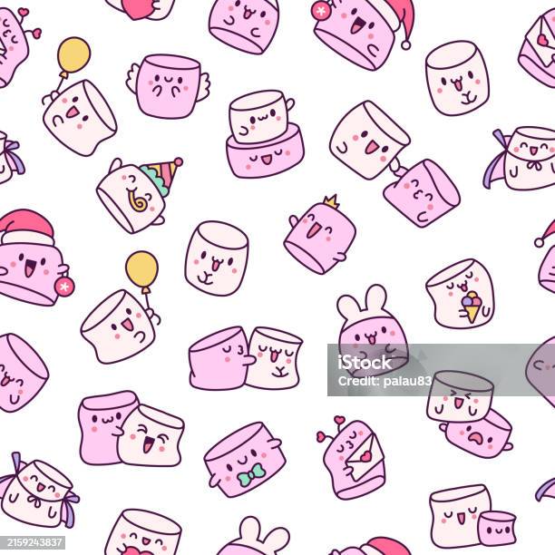 Kawaii Marshmallow Cute Face Character Seamless Pattern Cartoon Happy