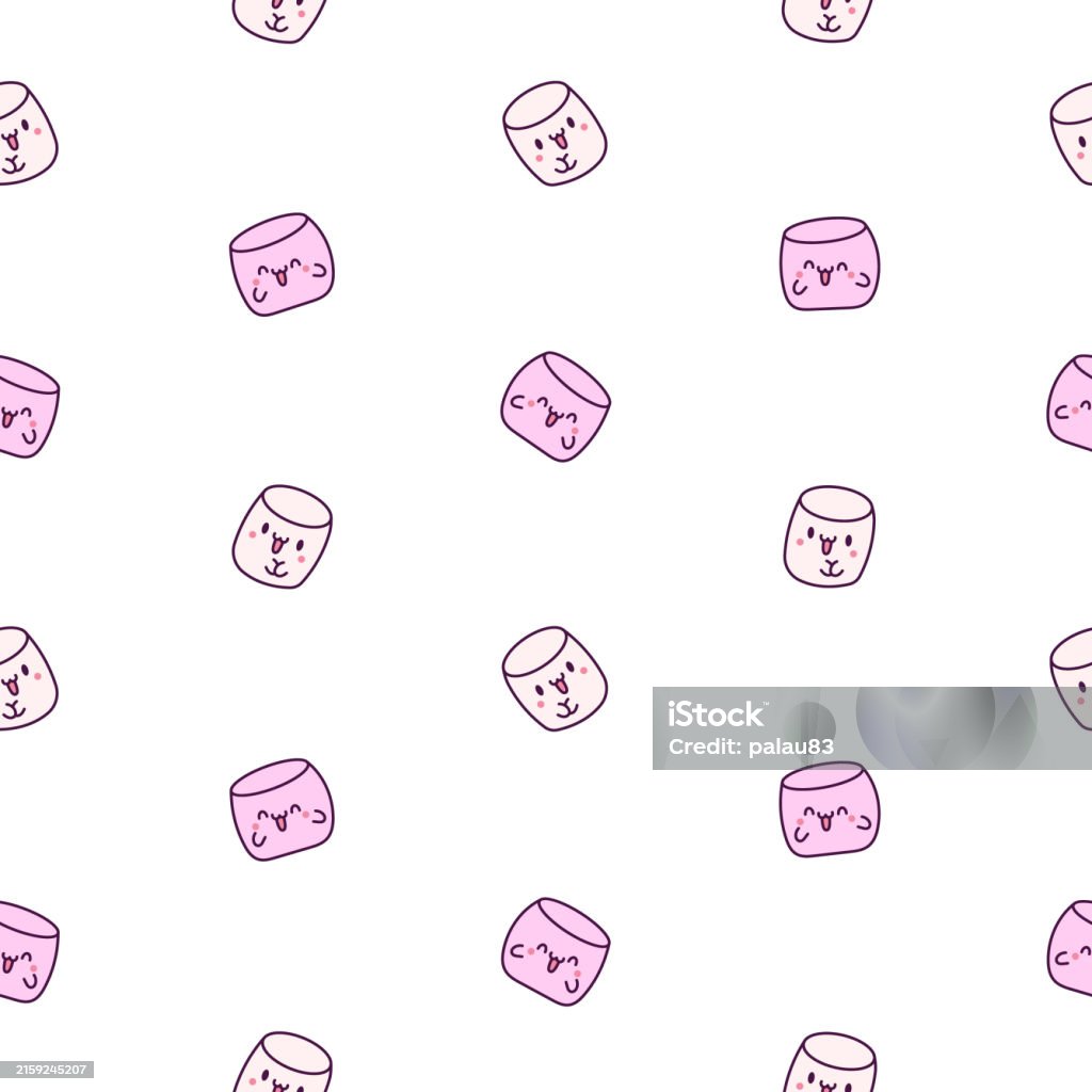 Kawaii Marshmallow Cute Face Character Seamless Pattern Cartoon Happy