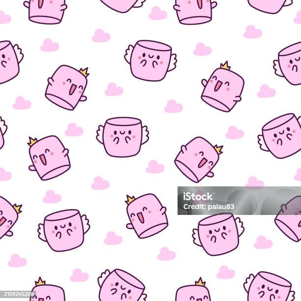 Kawaii Marshmallow Cute Face Character Seamless Pattern Cartoon Happy