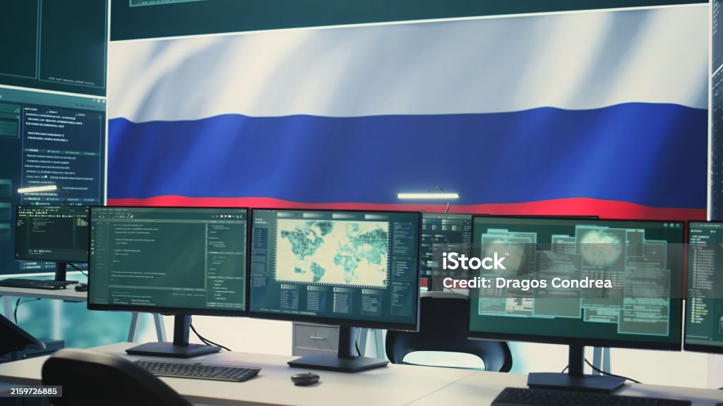 Empty Autocracy Cyber Defense Room With Russian Flag Running On Big ... Empty Autocracy Cyber Defense Room With Russian Flag Running On Big ...