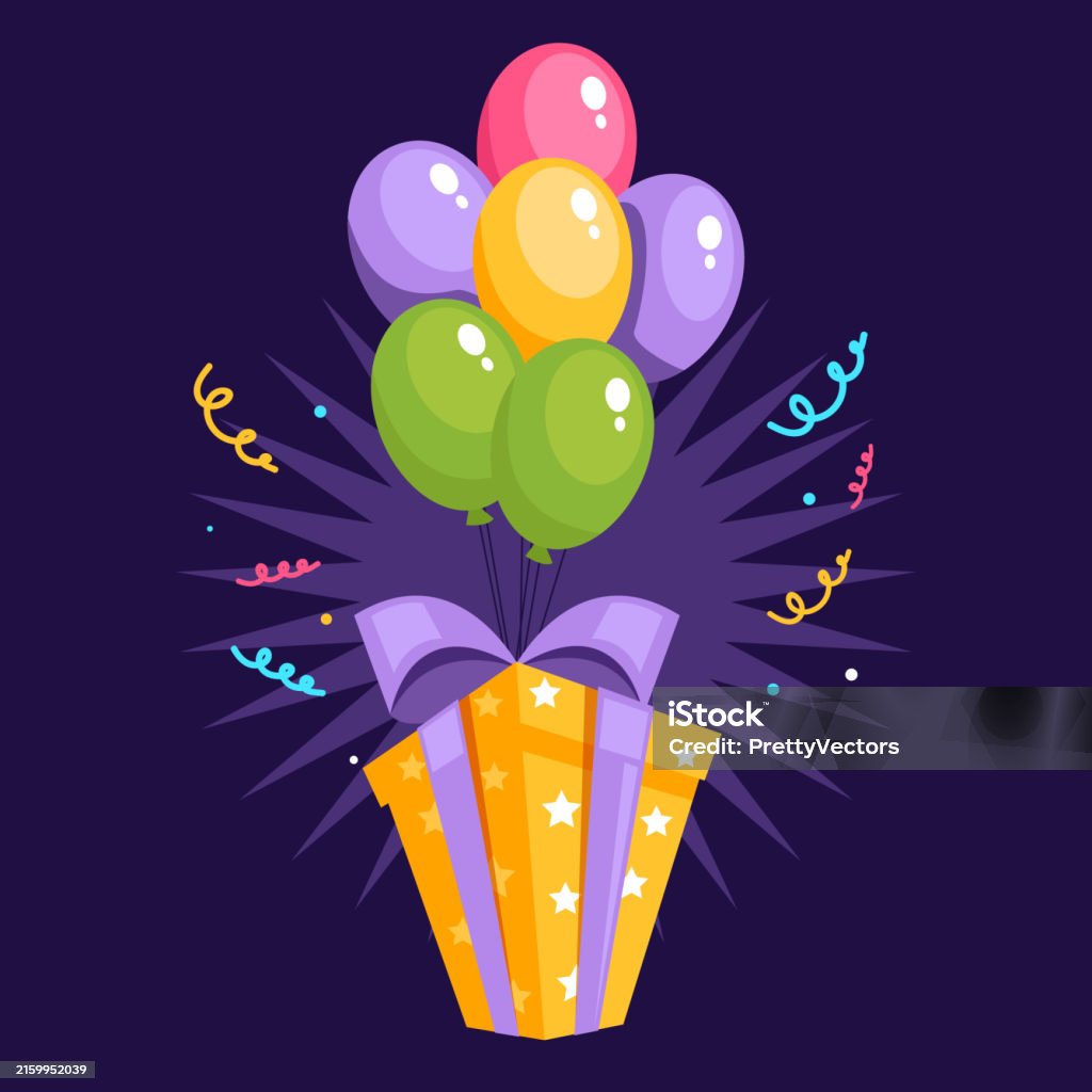 Gift Box Hanging On Balloons Sky Party Celebration Concept Vector Flat ... Gift Box Hanging On Balloons Sky Party Celebration Concept Vector Flat ...