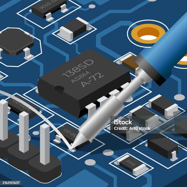 Isometric Electronic Board With Soldering Iron Isometric Printed
