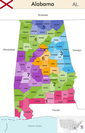Alabama State Map With Counties Borders And Colored Congressional
