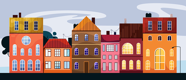Ilustración de Vista De La Calle De La Ciudad Fachadas Coloridas Con ... Ilustración de Vista De La Calle De La Ciudad Fachadas Coloridas Con ...