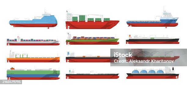 Cargo Ships Cartoon Marine Barge Empty And With Container Side View Set