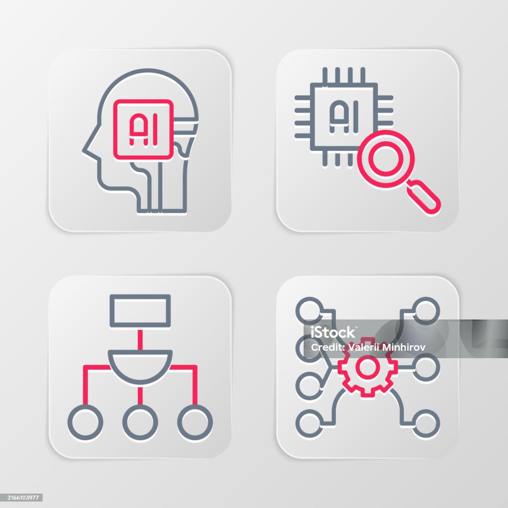 Set Line Neural Network Algorithm Processor Cpu And Humanoid Robot Icon Vector Stock