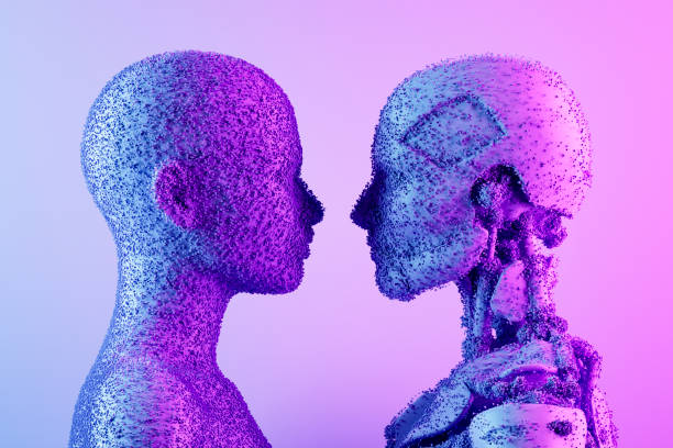 A woman with a cyborg, human and robot face to face, artificial ...