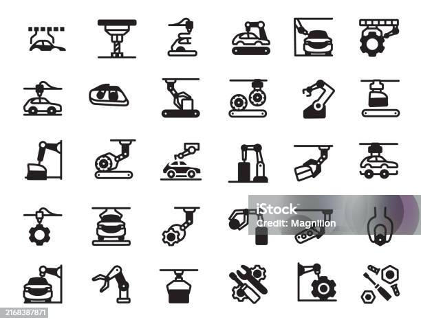 Automotive Manufacturing Icons Set In Black Featuring Robots Assembly ... Automotive Manufacturing Icons Set In Black Featuring Robots Assembly ...