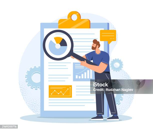 Man With Business Analysis Young Guy With Magnifying Glass Evaluates